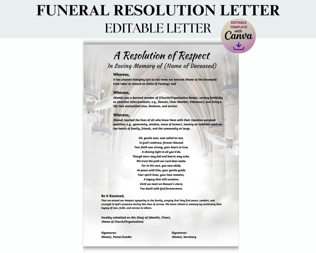 Editable Funeral Resolution Letter for a Funeral Service Church Funeral ...