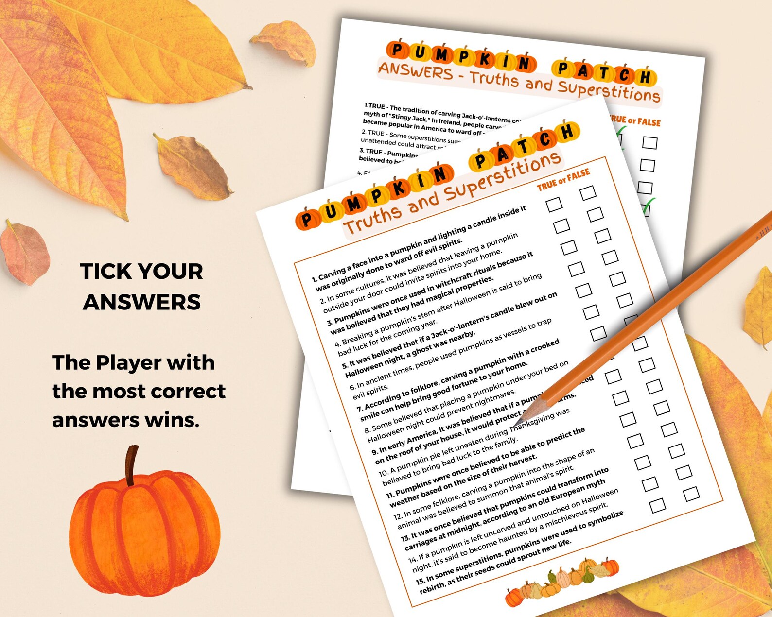Pumpkin True or False, Printable Pumpkin Trivia Game, Thanksgiving ...