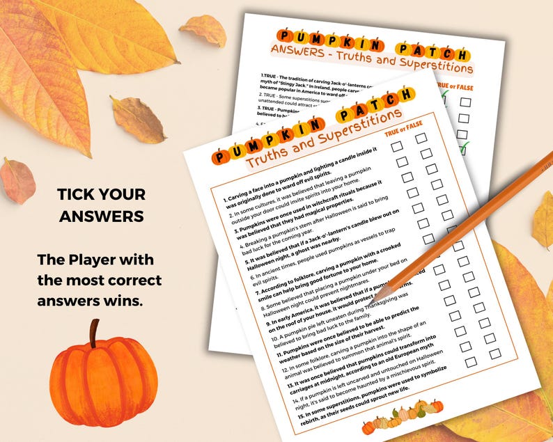 Pumpkin True or False, Printable Pumpkin Trivia Game, Thanksgiving ...
