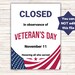 Veteran's Day Printable Closed Sign for Door, Closed on Veteran's Day ...