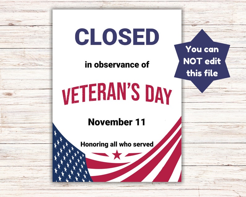 Veteran's Day Printable Closed Sign for Door, Closed on Veteran's Day ...