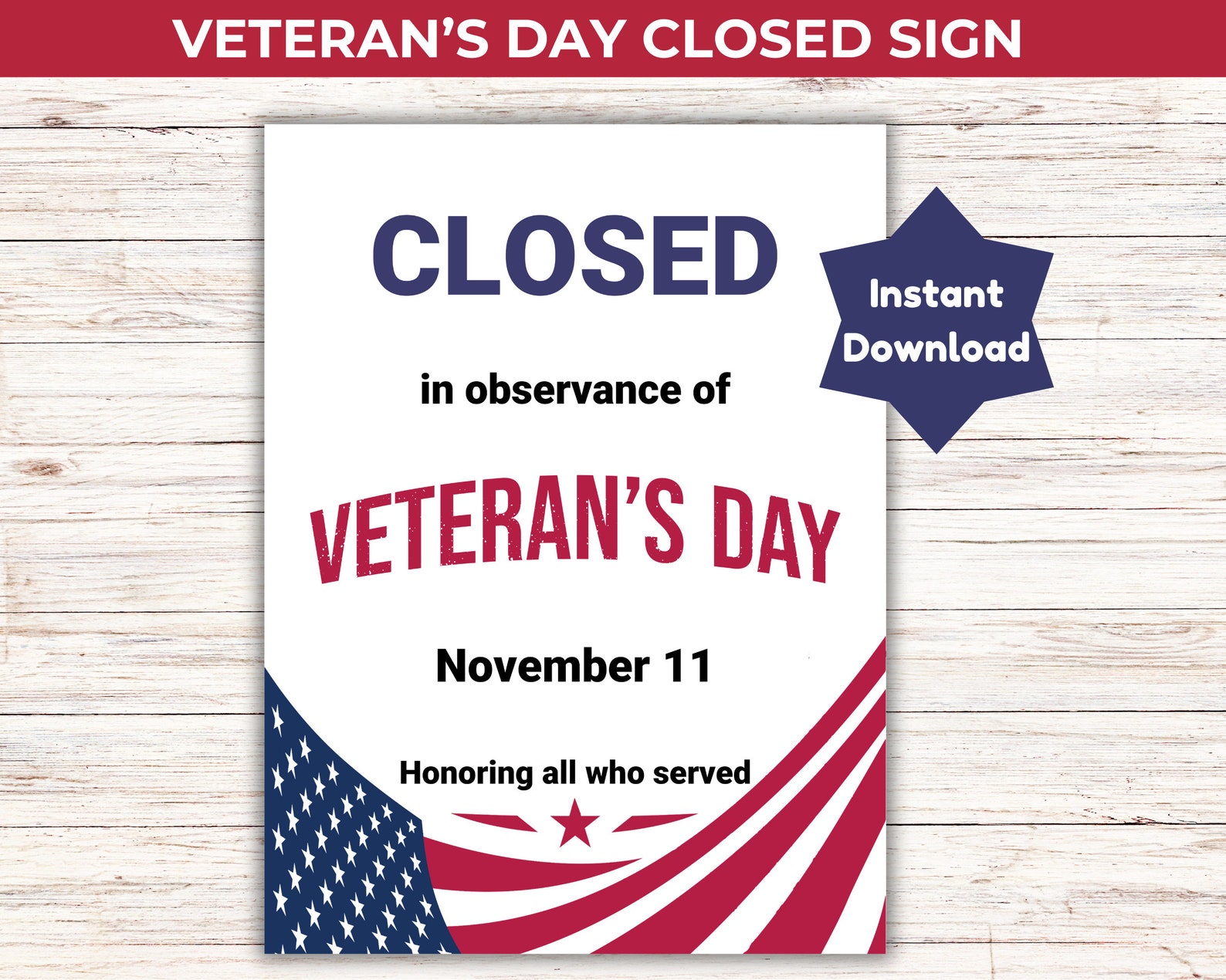 Veteran's Day Printable Closed Sign for Door, Closed on Veteran's Day ...