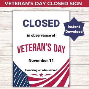 Veteran's Day Printable Closed Sign for Door, Closed on Veteran's Day ...