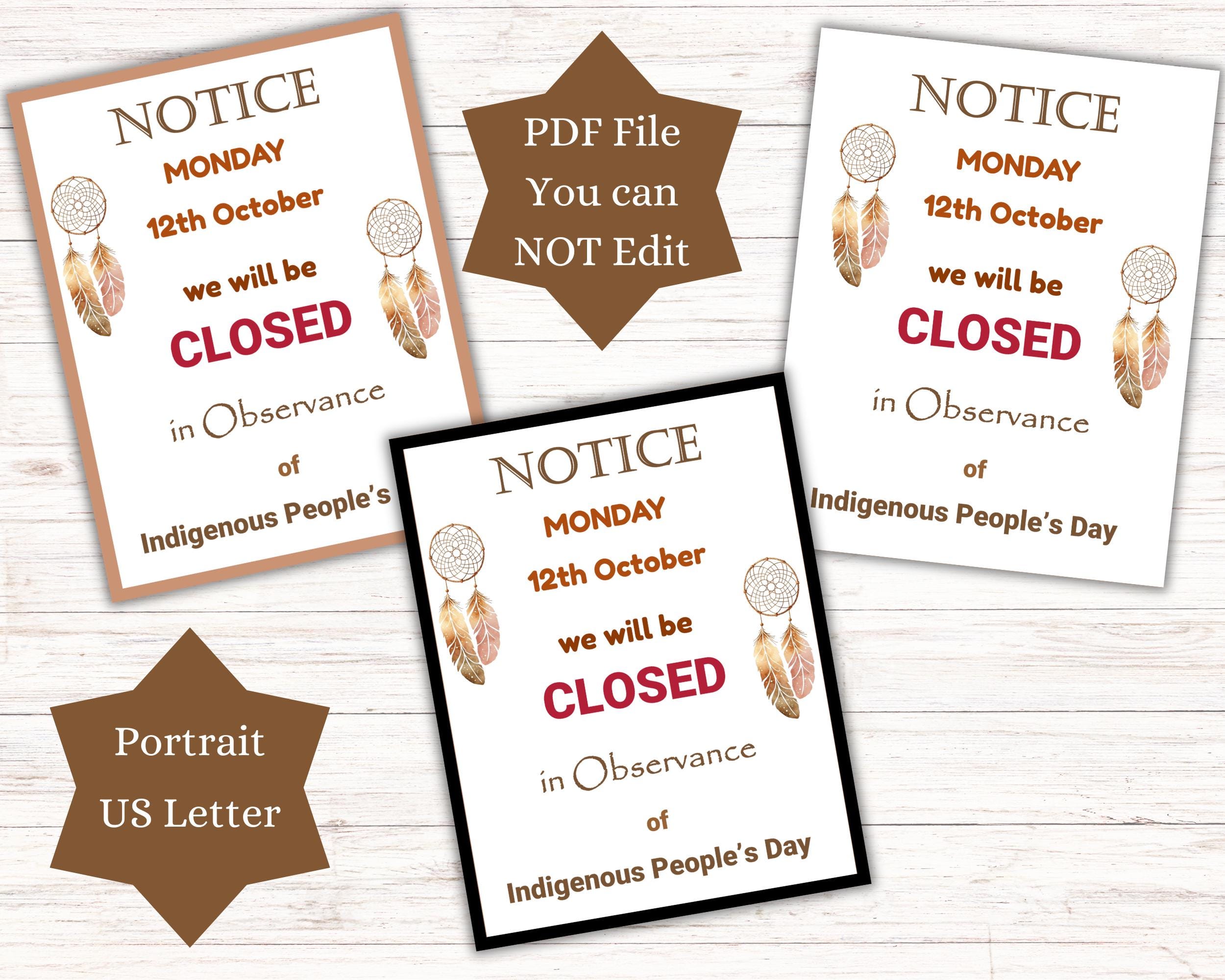 Indigenous People's Day Closed Sign for Door a Printable Sign, Closed ...