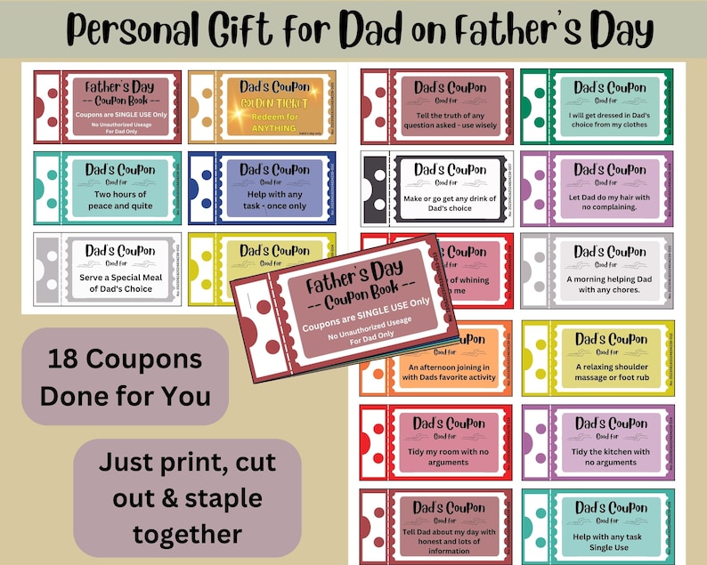 Father's Day Printable Coupon Book, A Gift for Dad on Father's Day: 18 ...