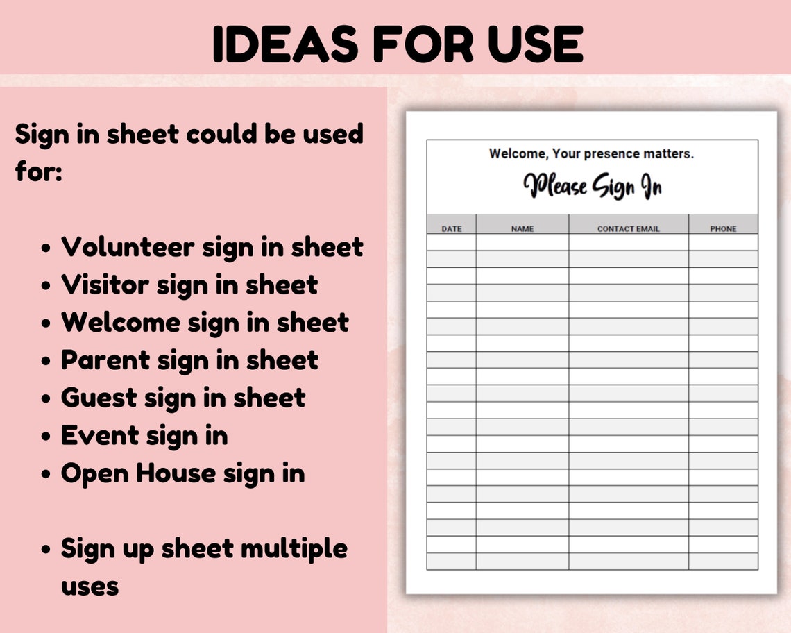 Volunteer Sign up Sheet Use for Visitors, Parents | Welcome Sign in ...