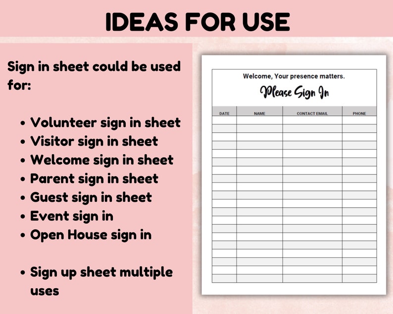Volunteer Sign up Sheet Use for Visitors, Parents | Welcome Sign in ...