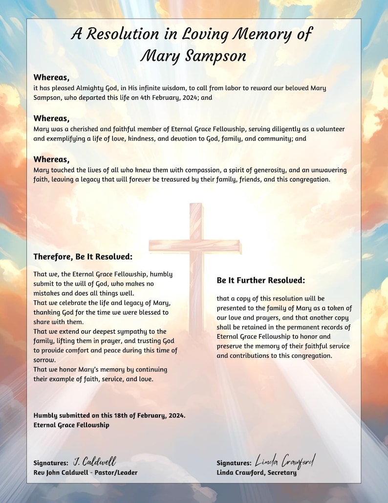 In Loving Memory Funeral Resolution Letter as Part of Your Funeral ...