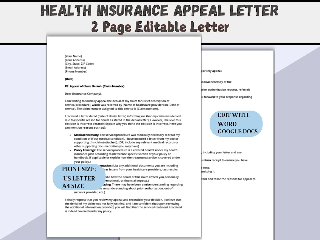 Health Insurance Appeal Letter Template, Editable Template, Insurance ...