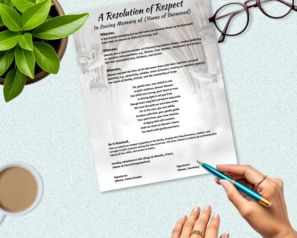 Editable Funeral Resolution Letter for a Funeral Service Church Funeral ...