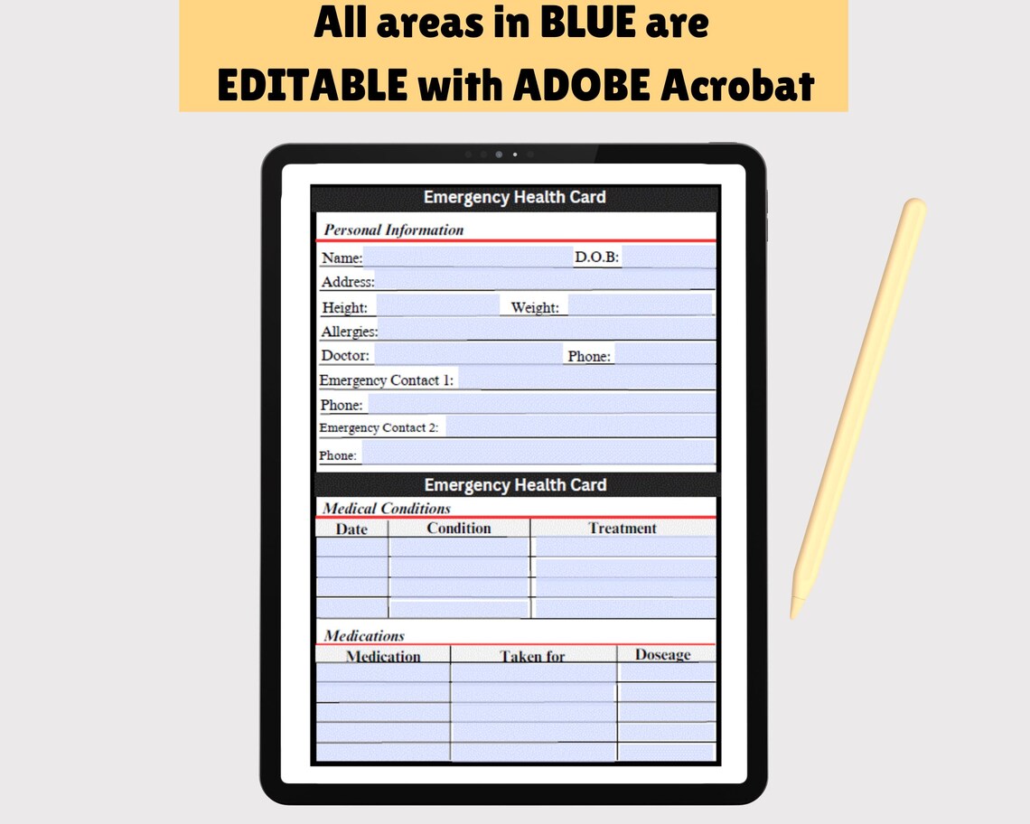 Editable Medical Information Card, Wallet Card With Medication Log and ...