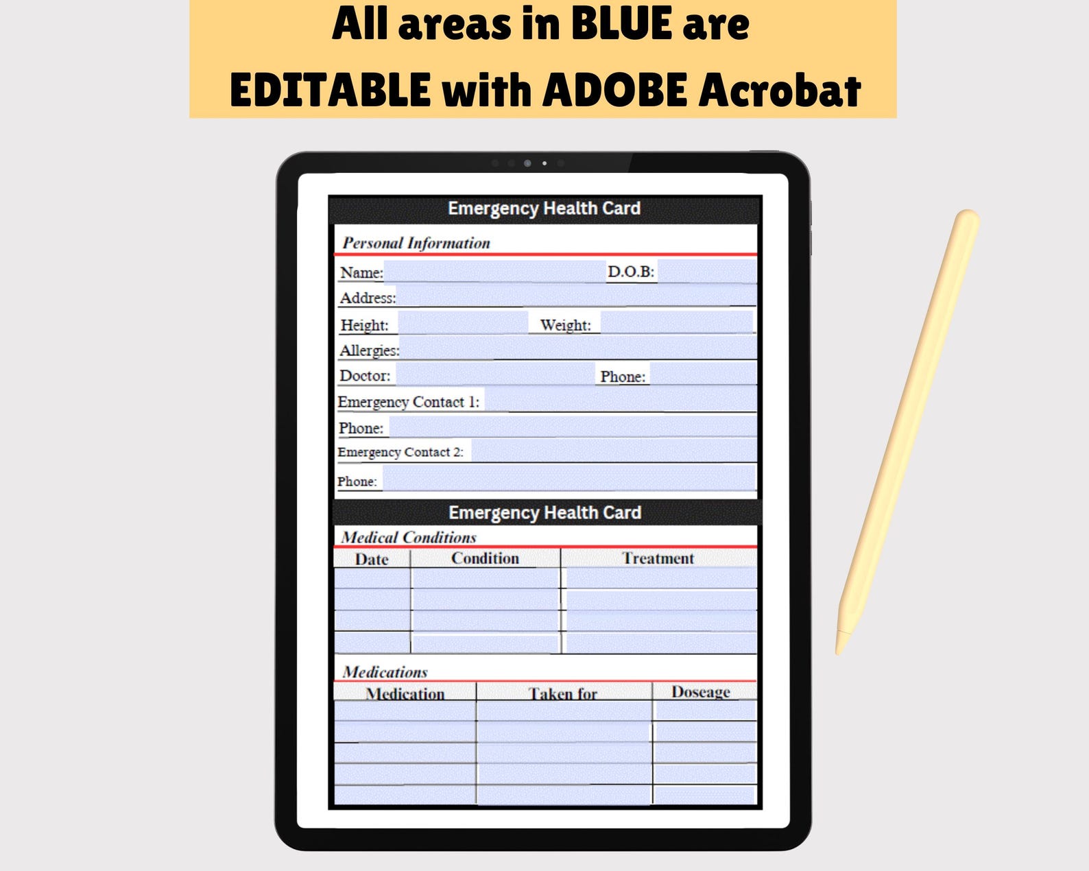 Editable Medical Information Card, Wallet Card With Medication Log and ...