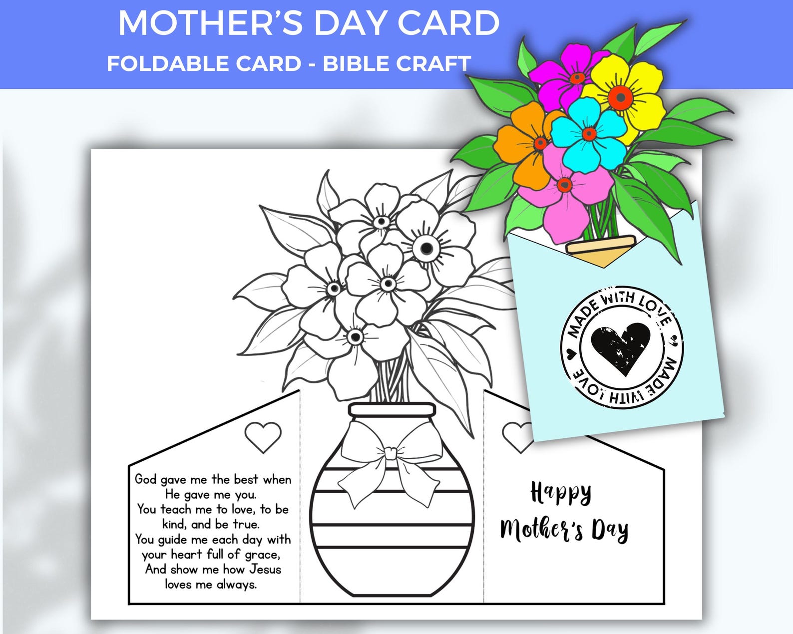 Printable Mothers Day Coloring Card, Mothers Day Bible Craft for Kids ...