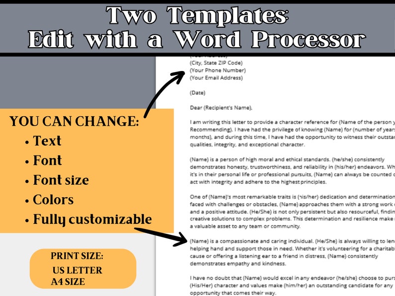 Character Reference Letter Template, Edit With Microsoft Word or Google Docs, Professional ...