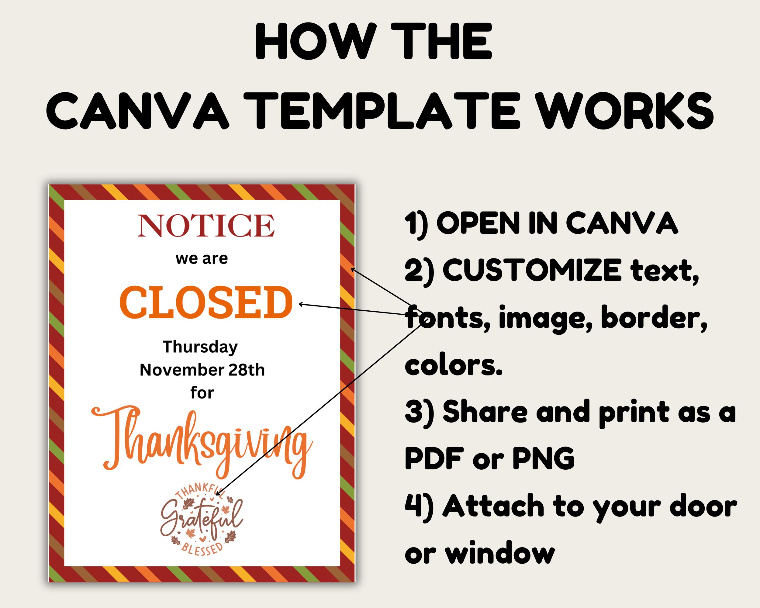 Closed Thanksgiving Sign, Editable Office Sign for Door, Business ...