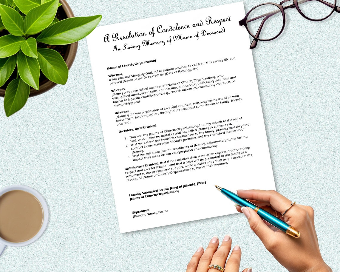 Editable Funeral Resolution Letter of Condolence and Respect, in Loving ...