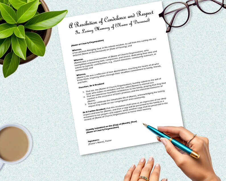 Editable Funeral Resolution Letter of Condolence and Respect, in Loving ...