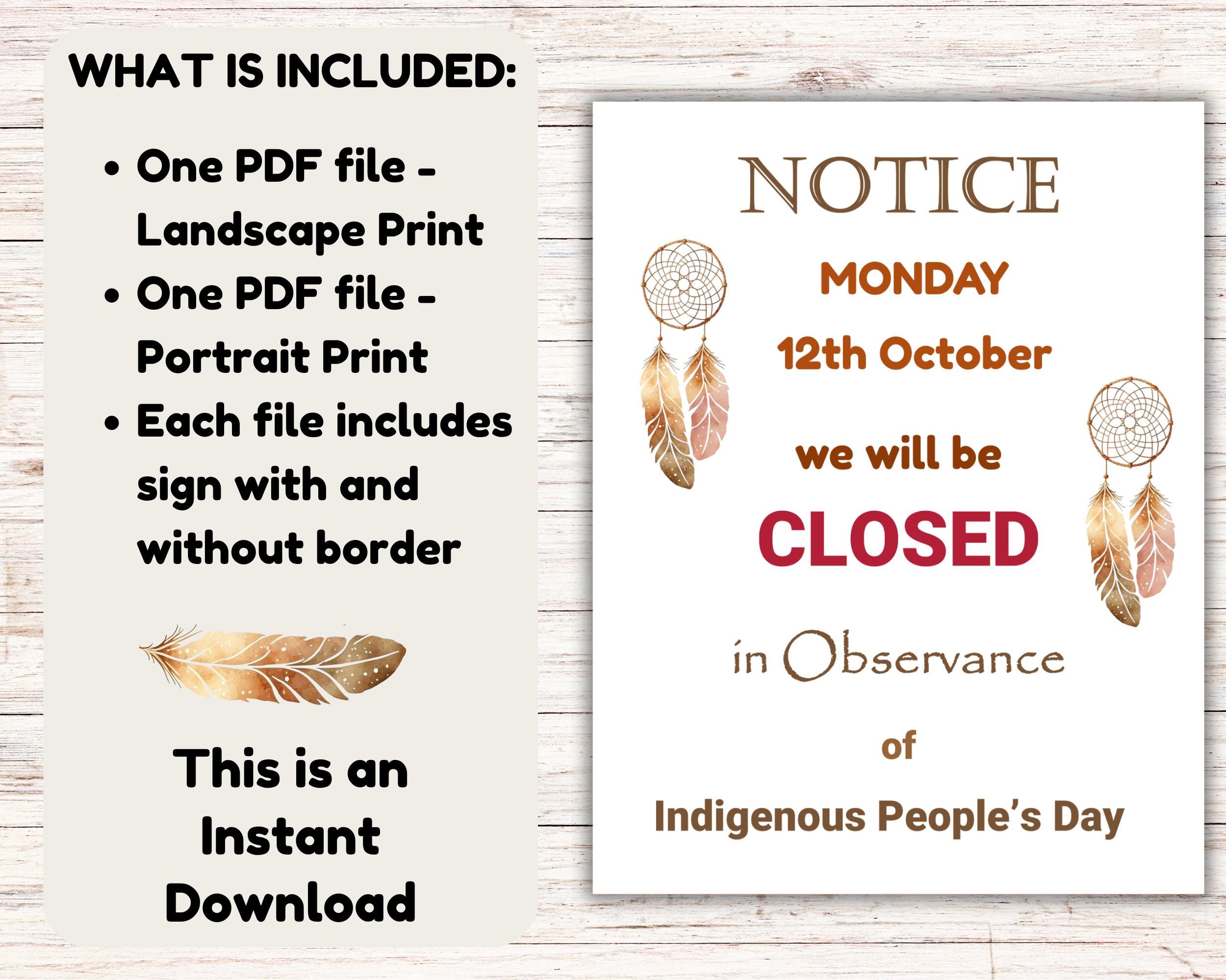 Indigenous People's Day Closed Sign for Door a Printable Sign, Closed ...