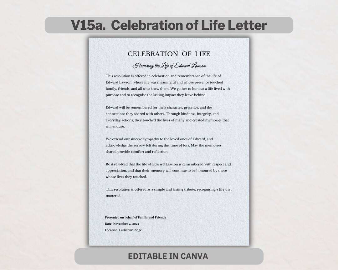 Celebration of Life Letter Printable, Non Religious Funeral Resolution ...