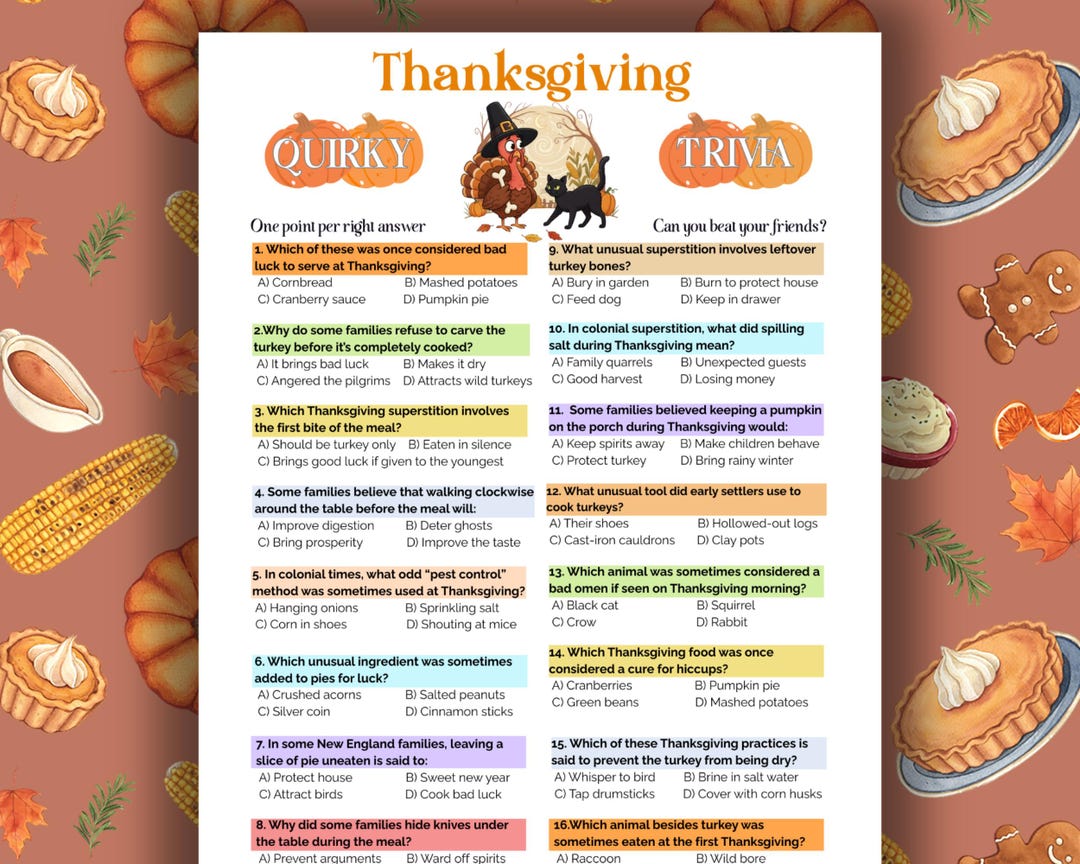 Quirky Thanksgiving Trivia Games, Fall Family Trivia Game for Adults ...