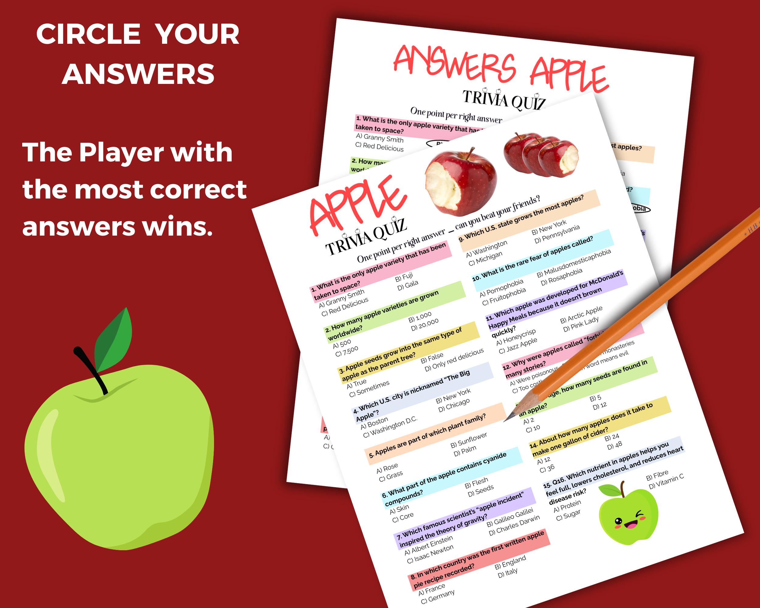 Apple Trivia Game, Printable Trivia Games, Thanksgiving Holiday Game ...