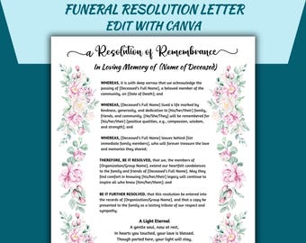 Editable Funeral Resolution Letter for a Memorial Service, Funeral Poem ...