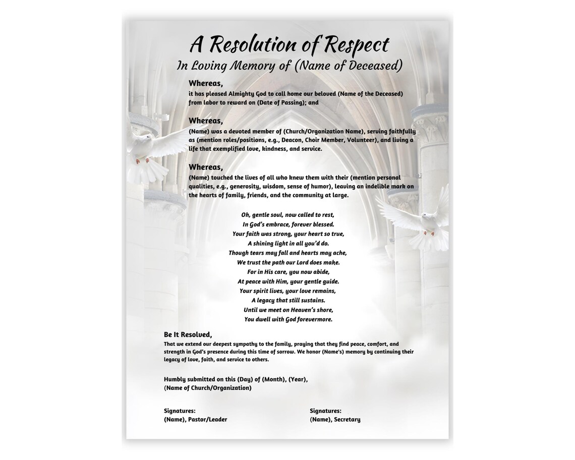 Editable Funeral Resolution Letter for a Funeral Service Church Funeral ...