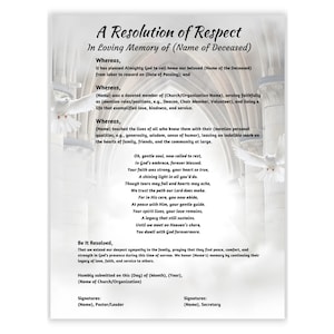 Editable Funeral Resolution Letter for a Funeral Service Church Funeral ...