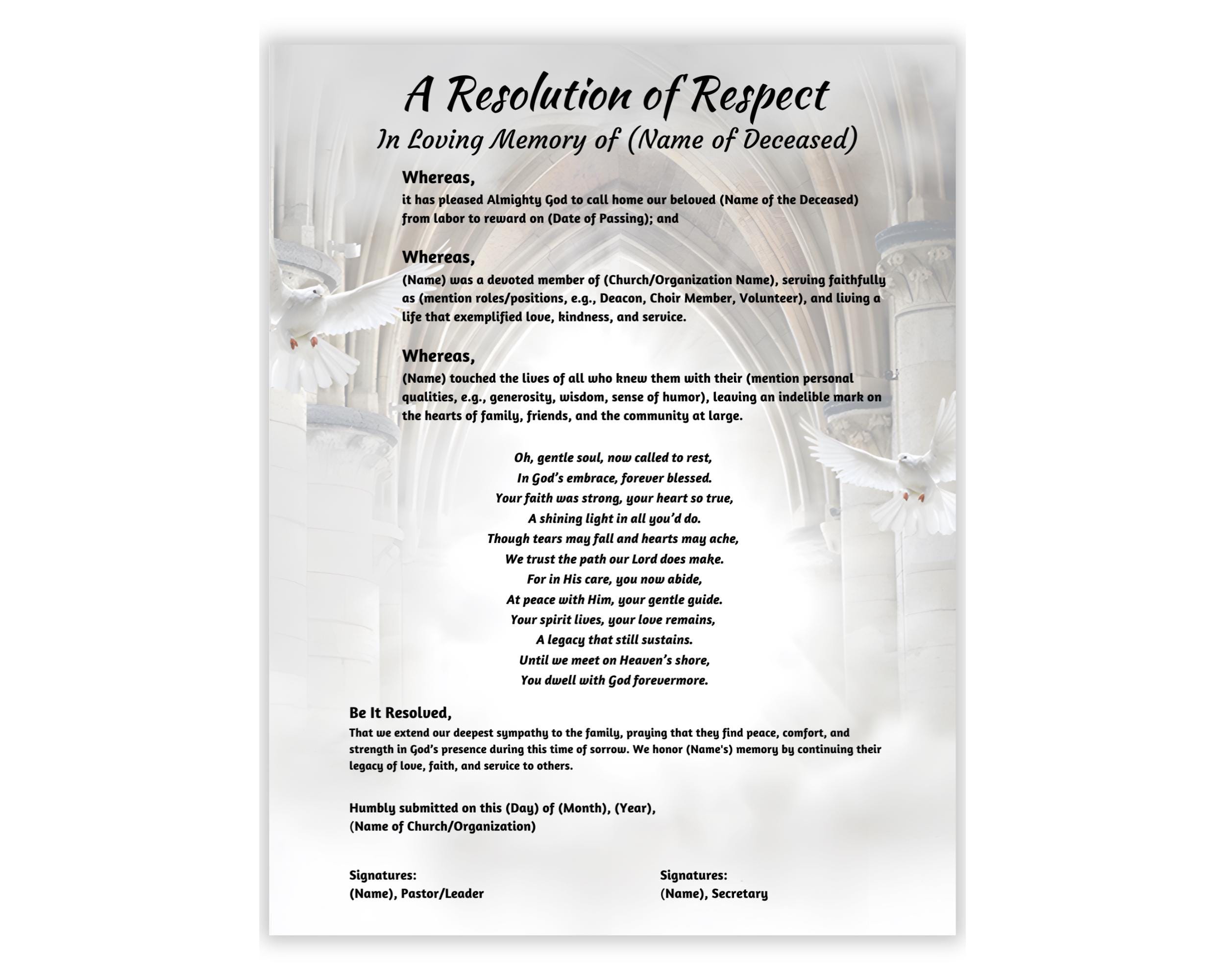 Funeral Resolution Letter Editable, for Use at Memorial Service Letter ...