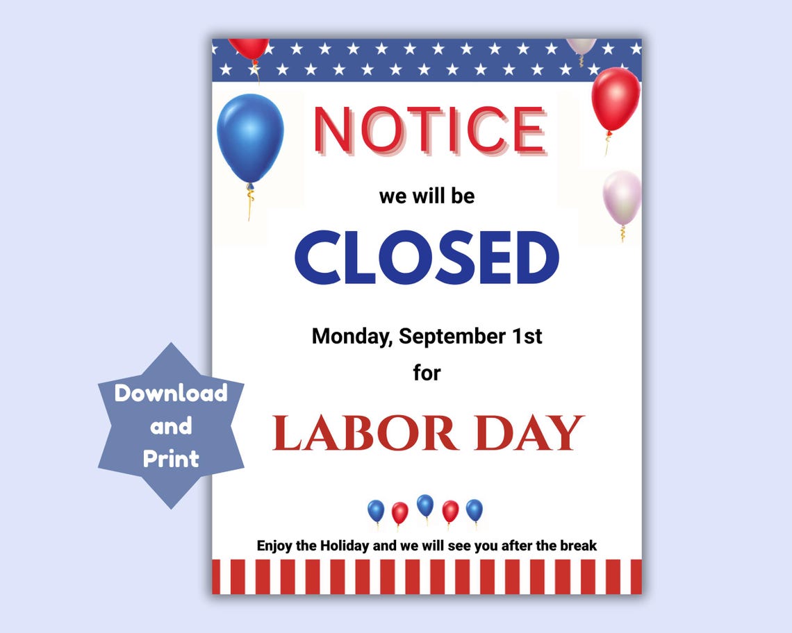 Labor Day Closed Sign for Door Printable Sign, Closed on Labor Day ...