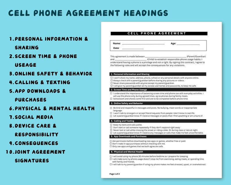 Editable Cell Phone Agreement, Family Rules With a Printable Phone ...