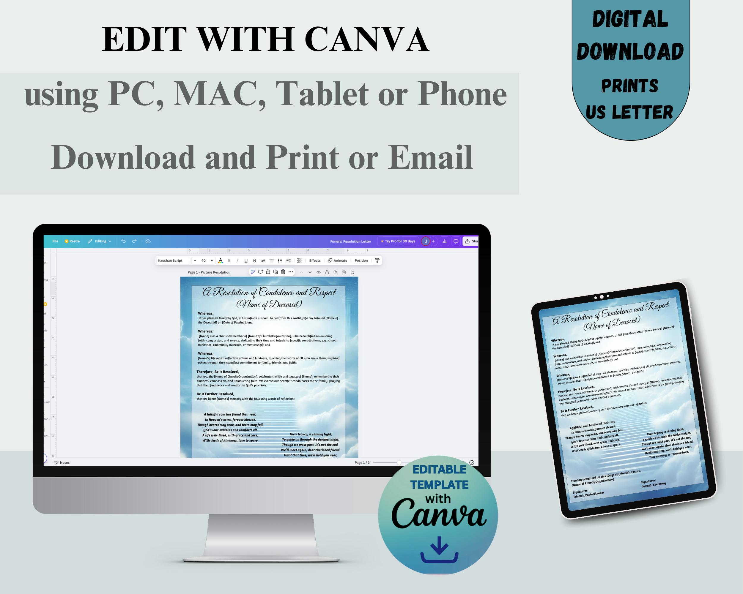 A Funeral Resolution Letter of Condolence and Respect, Use in Your ...