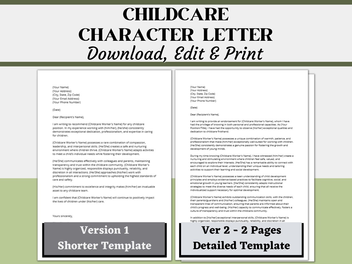 Letter of Recommendation Template for Childcare, Professional Character ...