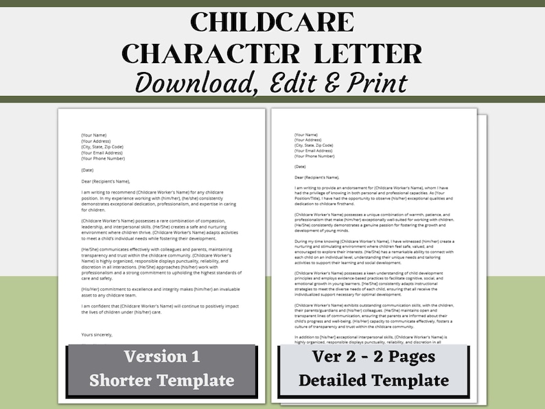 Letter of Recommendation Template for Childcare, Professional Character ...