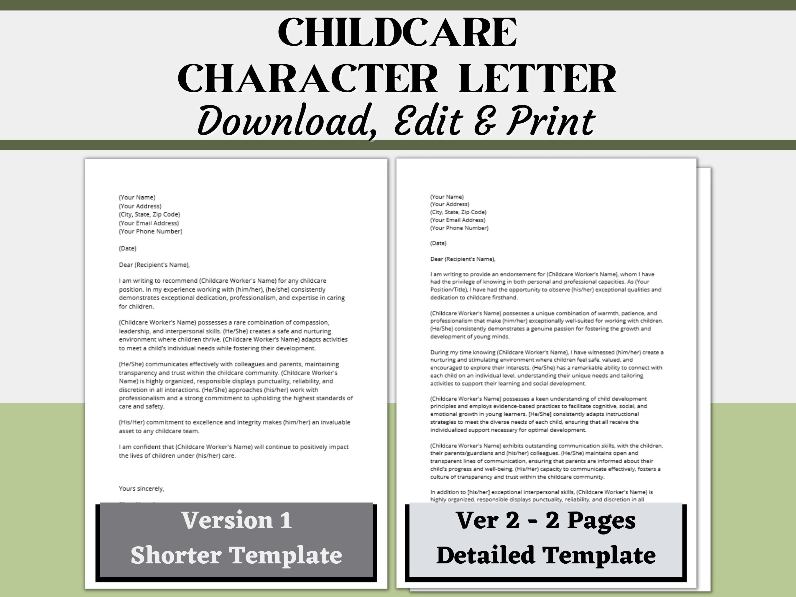 Letter of Recommendation Template for Childcare, Professional Character ...