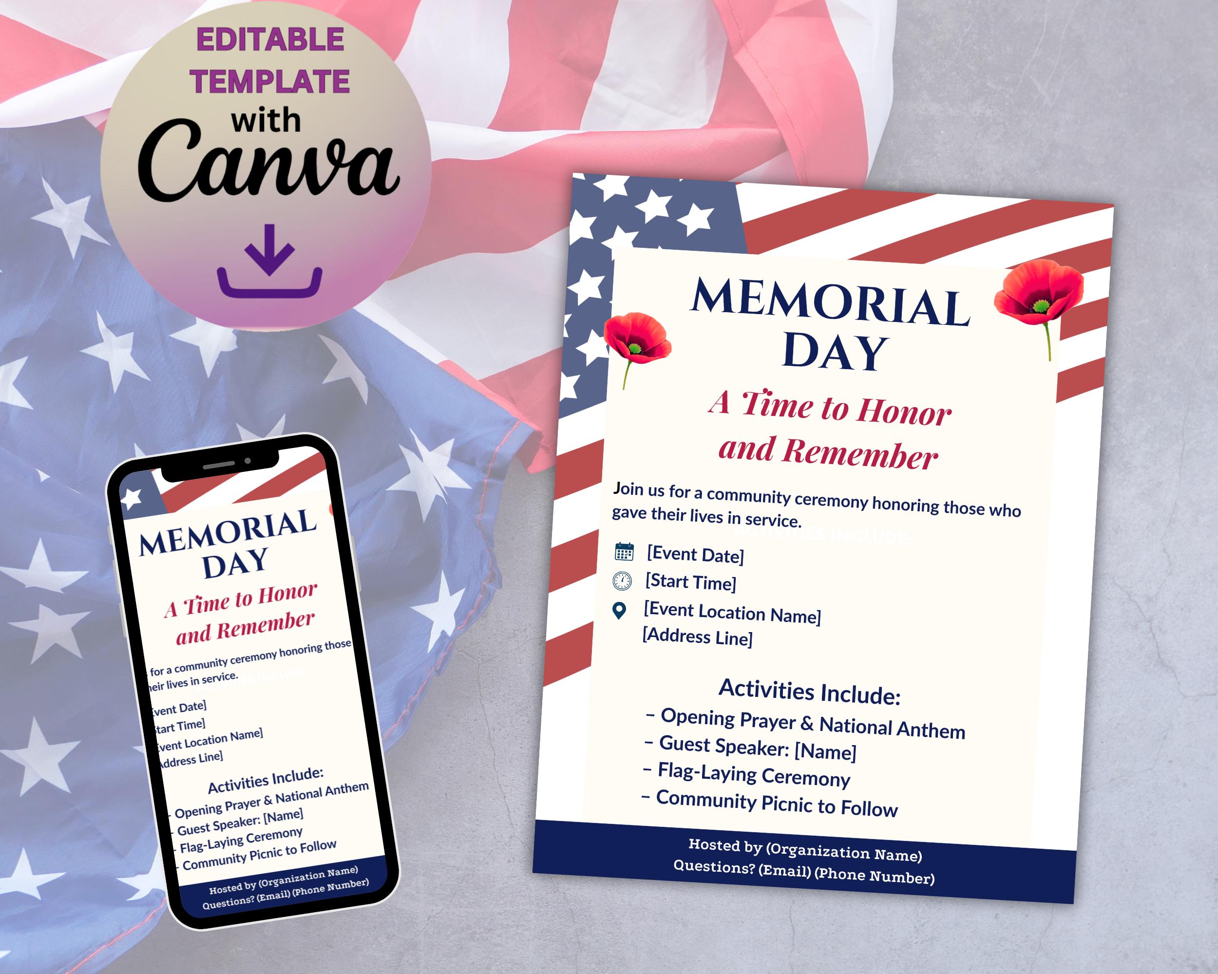 Editable Memorial Day Flyer Template for Event Promotion, Memorial Day ...