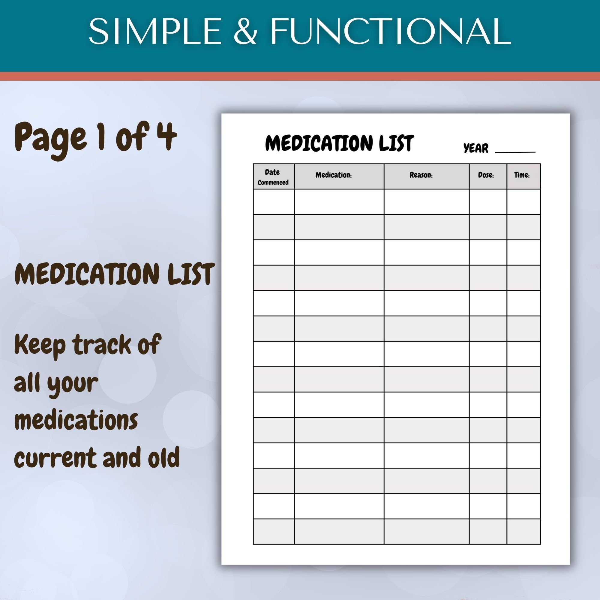 Printable Medication Log, Simple Medication Tracker for Daily Use, Easy ...