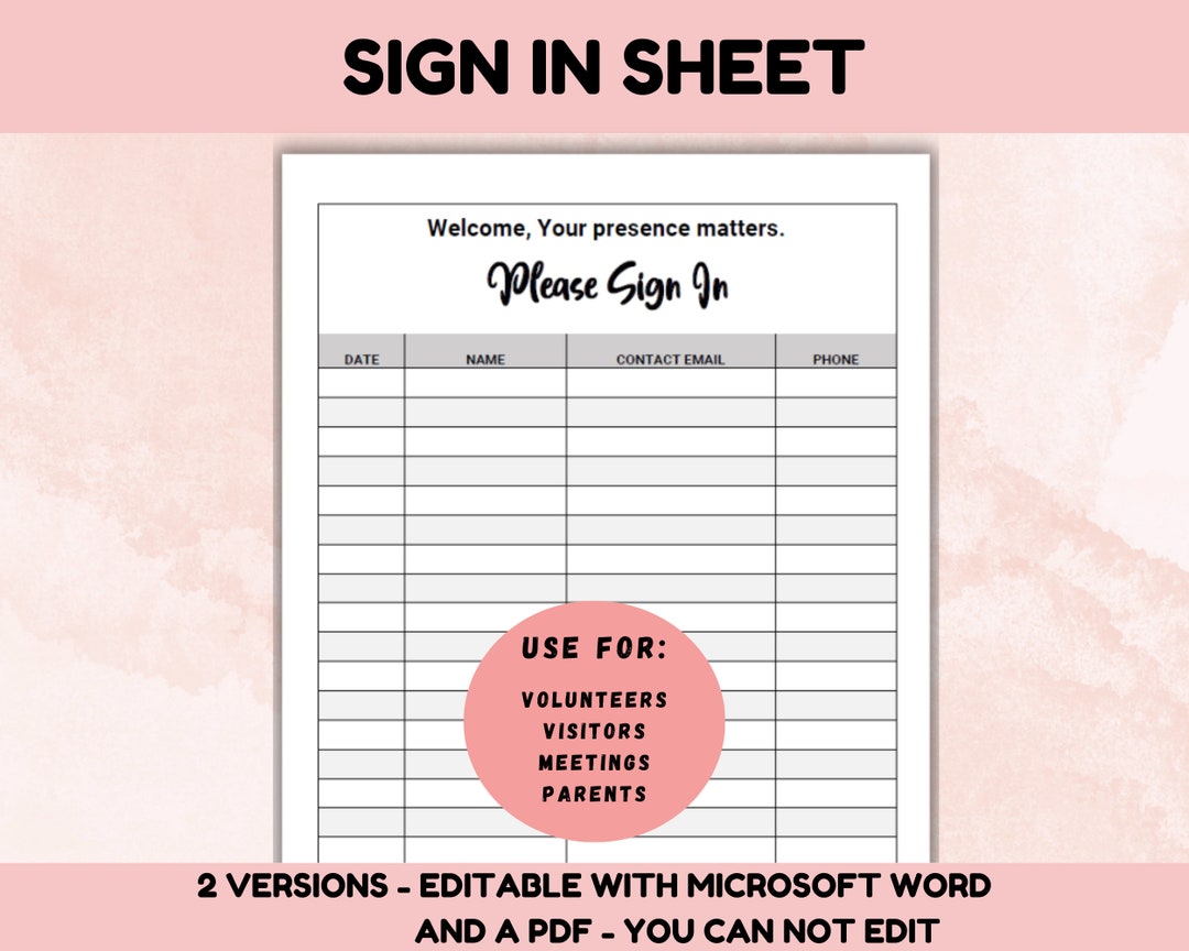 Volunteer Sign up Sheet Use for Visitors, Parents Welcome Sign in ...