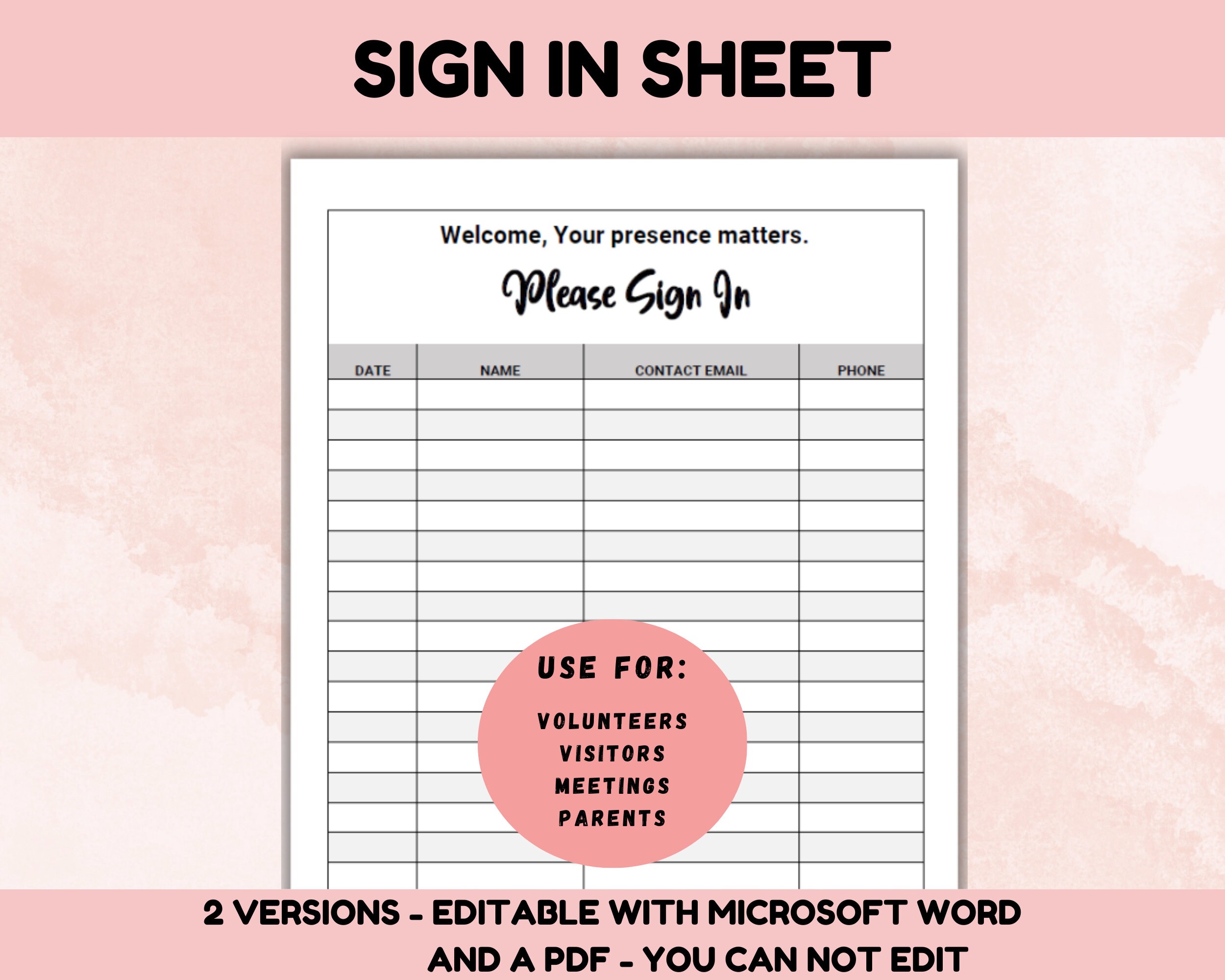 Volunteer Sign up Sheet Use for Visitors, Parents Welcome Sign in ...