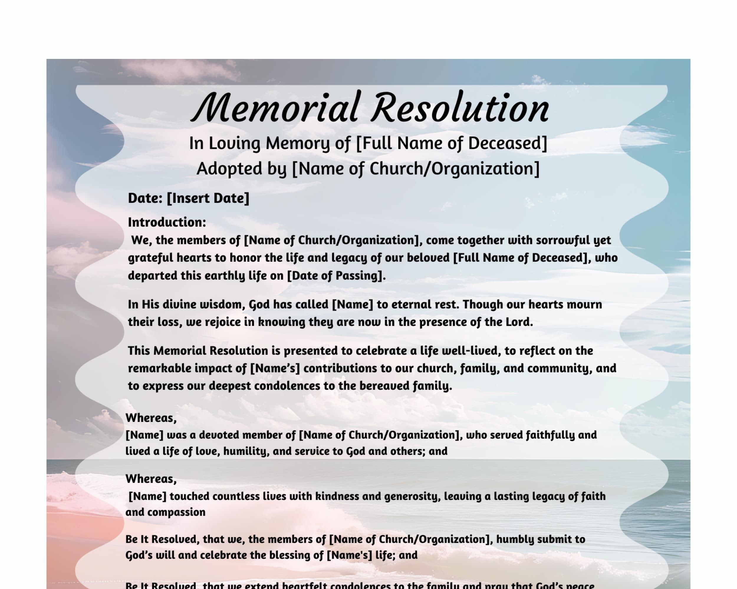 Memorial Resolution Letter, an Editable Letter Template for a Funeral ...