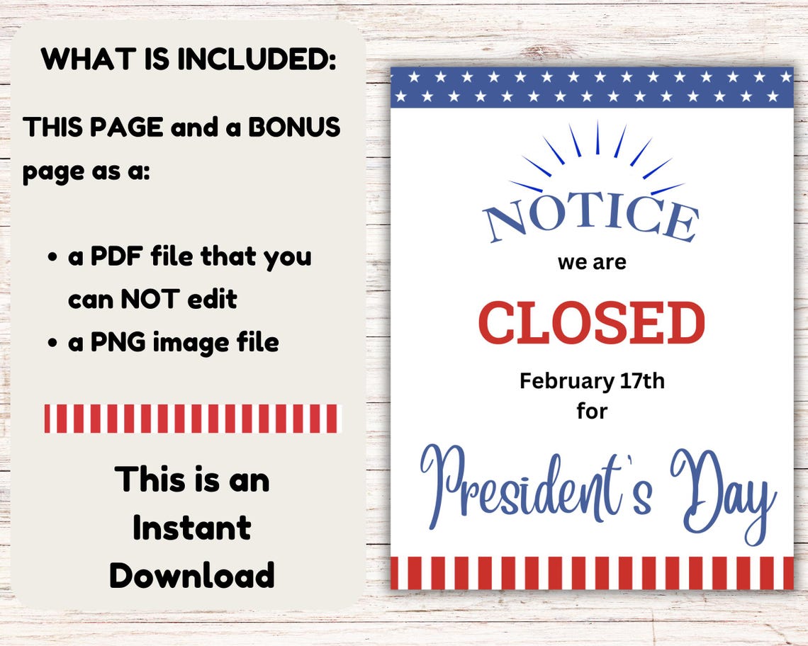 President's Day Closed Sign for Door a Printable Sign, Holiday Closed ...