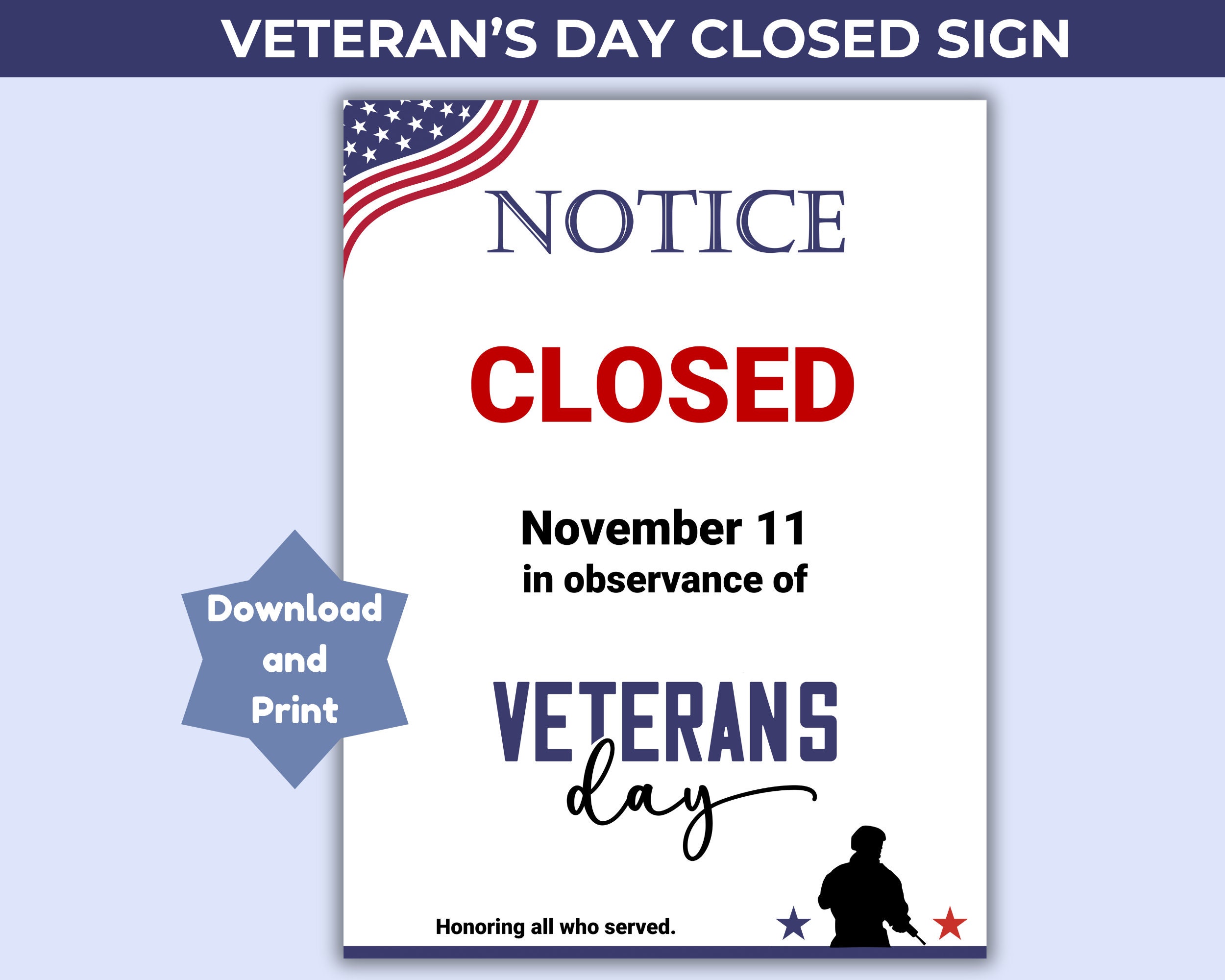Veteran's Day Printable Closed Sign for Door, Holiday Closure on ...
