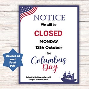 Columbus Day Closed Sign for Door Printable Sign, Closed on Columbus ...