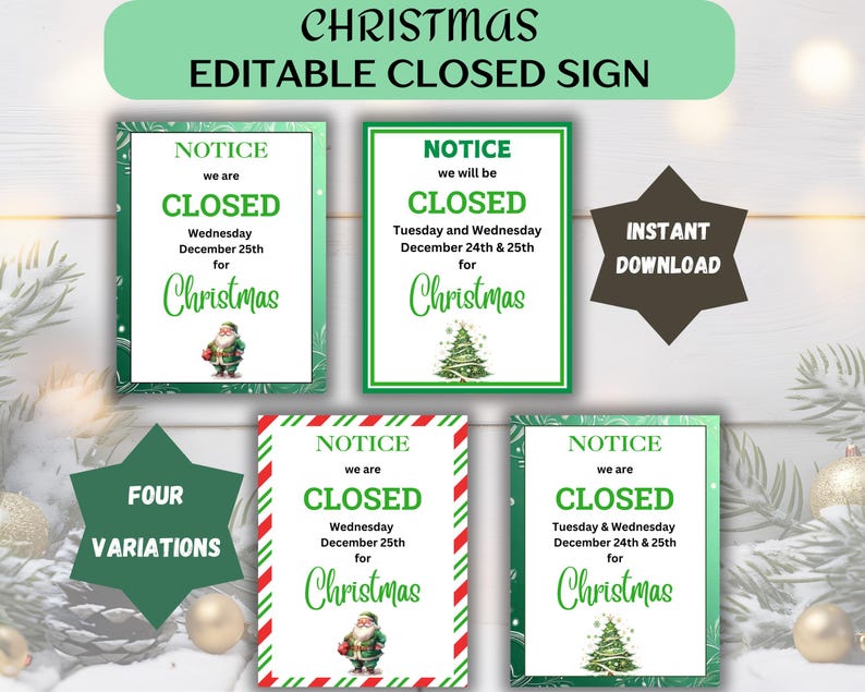 Closed Christmas Sign, Editable Office Sign for Door, Business Holiday ...
