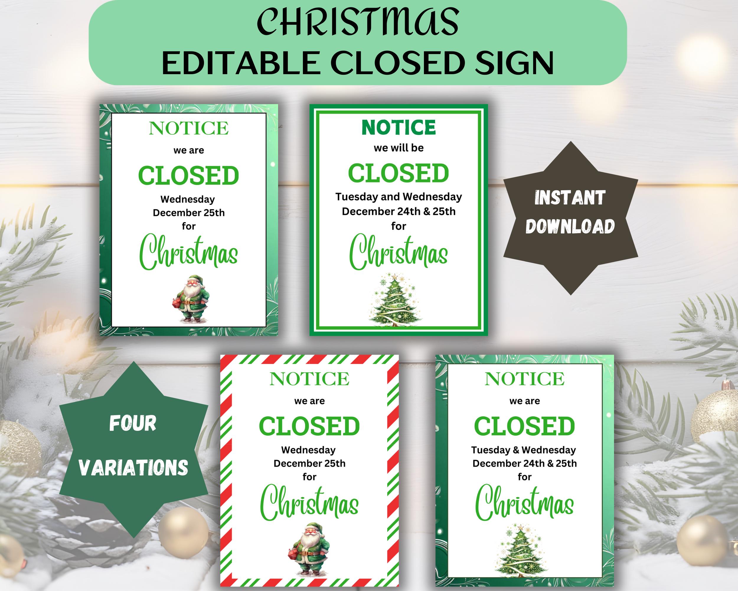 Closed Christmas Sign, Editable Office Sign for Door, Business Holiday ...