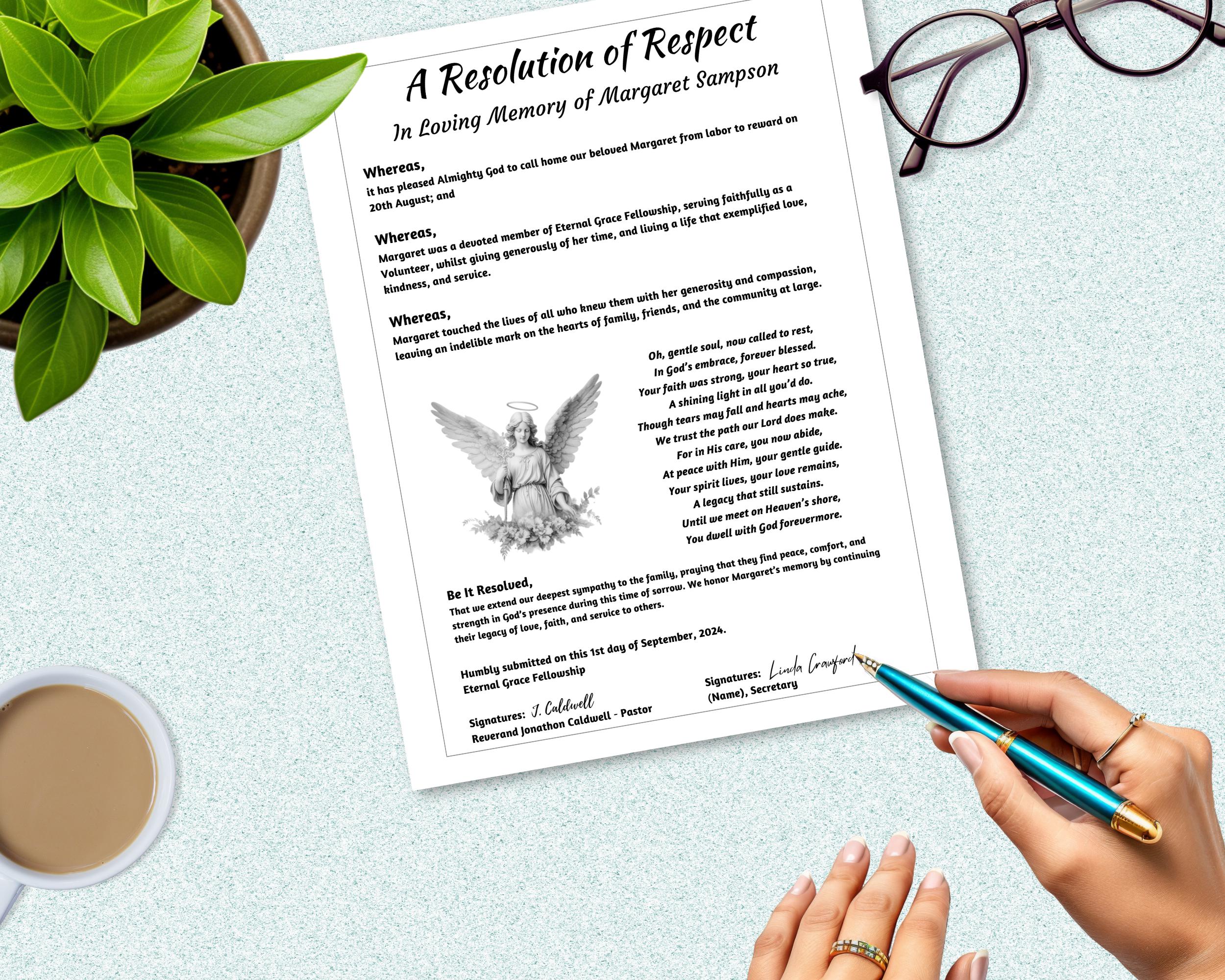 Funeral Resolution Letter Editable, for Use at Memorial Service Letter ...