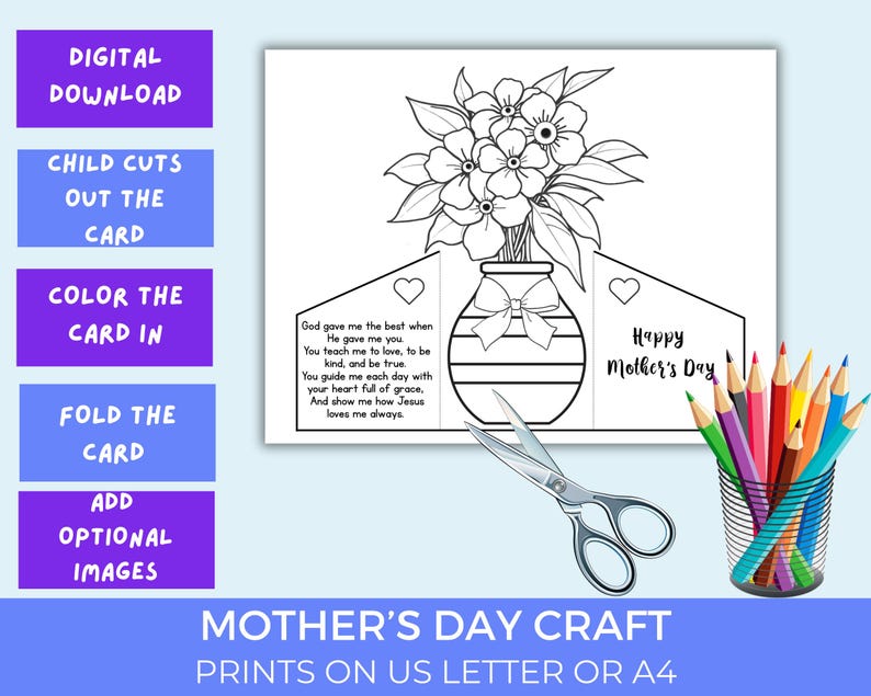 Printable Mothers Day Coloring Card, Mothers Day Bible Craft for Kids ...