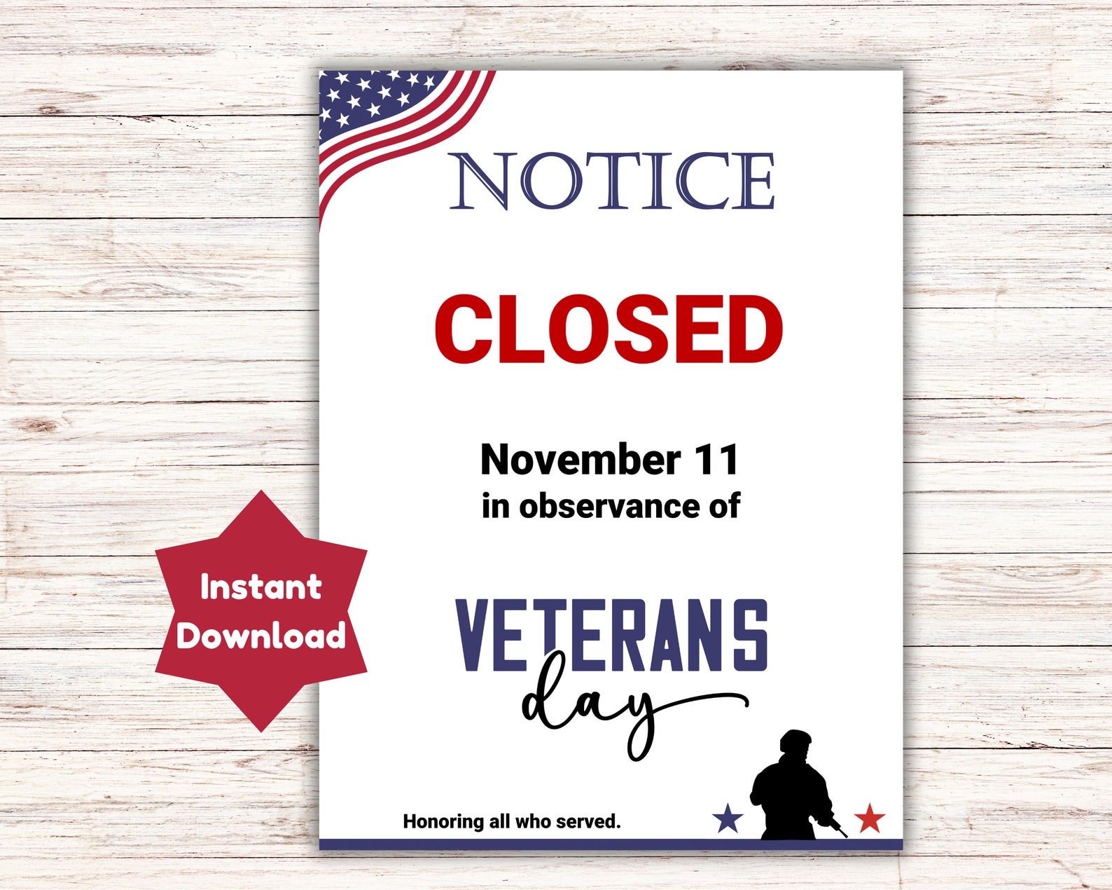 Veteran's Day Printable Closed Sign for Door, Holiday Closure on ...