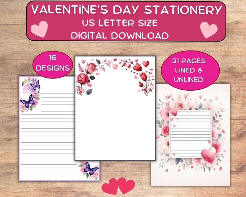 Valentine's Day Printable Stationary Set in 16 Designs Letter Writing ...