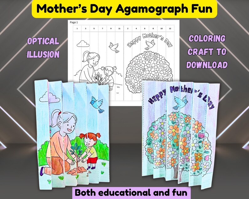 Mothers Day 3D Paper Craft Template, Agamograph Kids Activity Coloring ...